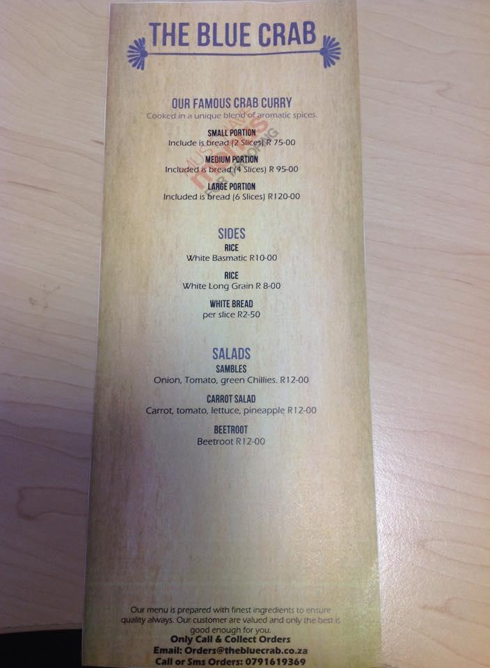 Menu at The Blue Crab, Johannesburg South