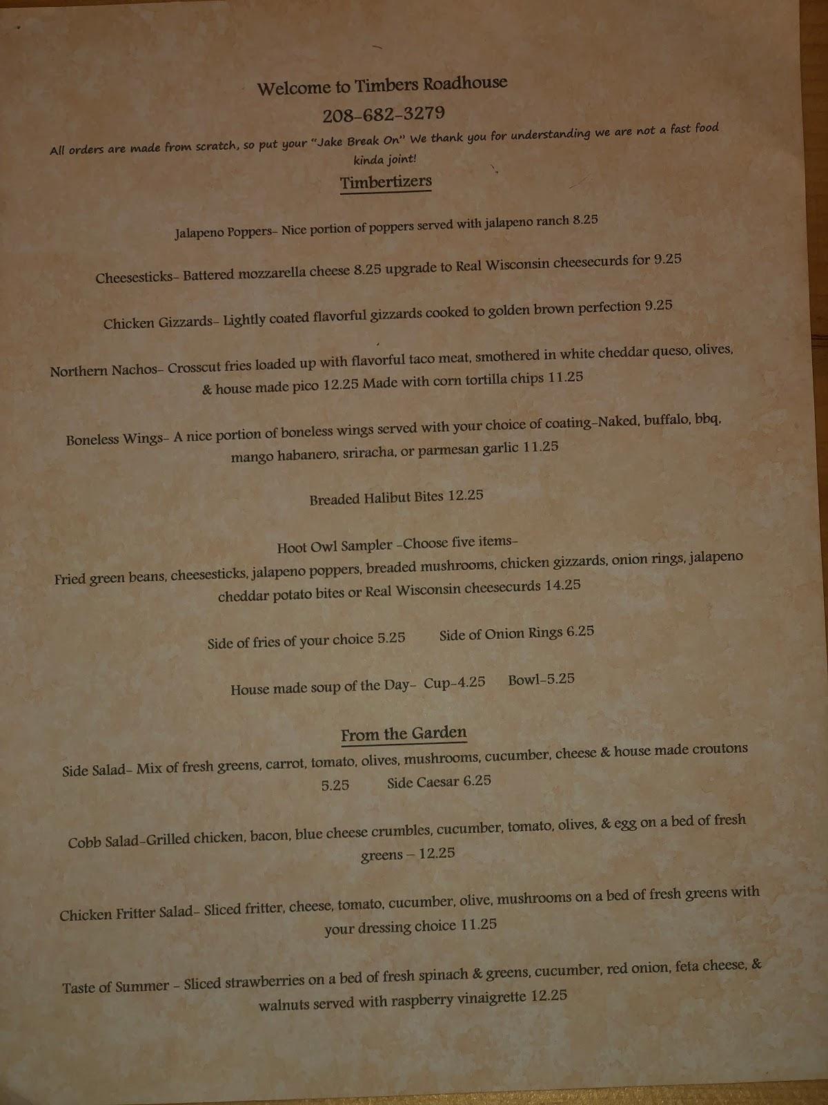Menu at Timbers Roadhouse restaurant, Cataldo