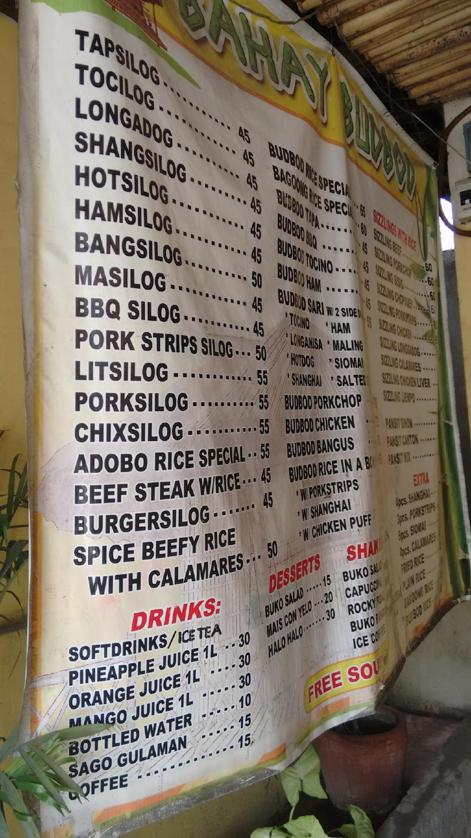 Menu at Bahay Budbod restaurant, Morong