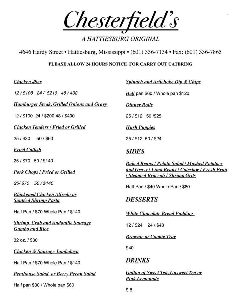 Menu at Chesterfield's pub & bar, Hattiesburg