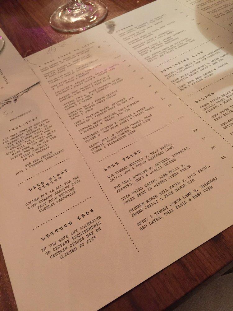 Menu at Golden Boy restaurant, Adelaide