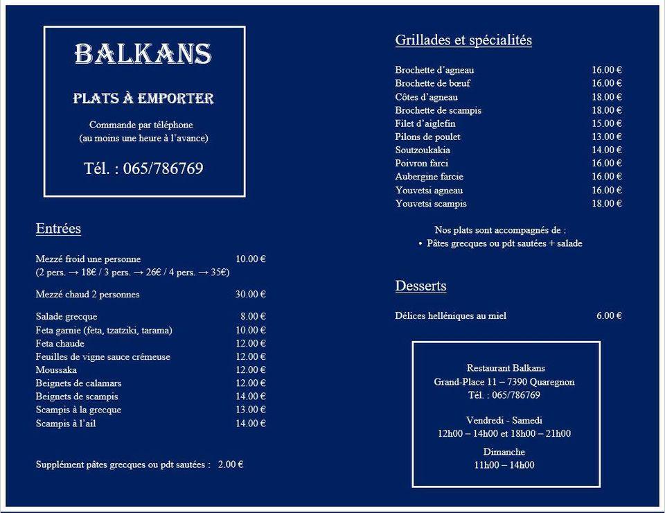 Menu au Les Balkans, Quaregnon