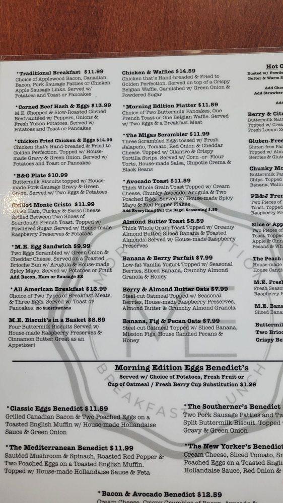 Menu at Morning Edition restaurant, Flower Mound