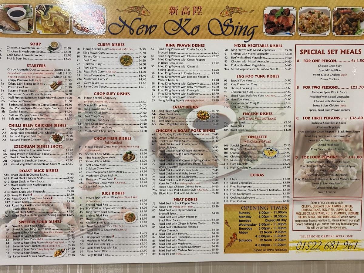Menu at Ko Sing fast food, Lincoln