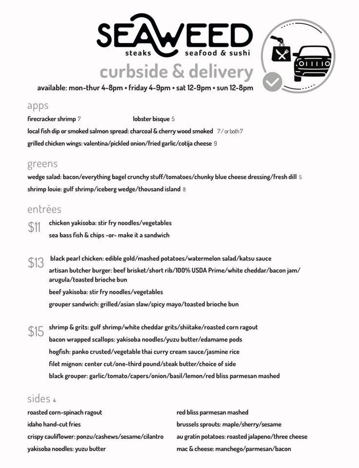 Menu at Seaweed Steaks, Seafood & Sushi restaurant, Belleair Bluffs