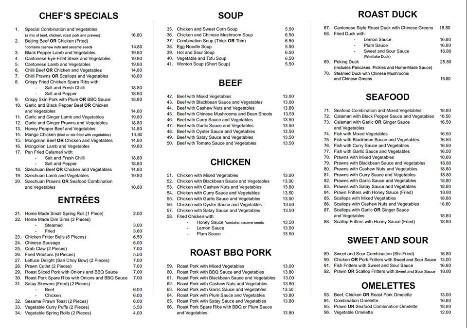 Menu at Sun & Mei Chinese and Thai Restaurant, Mornington