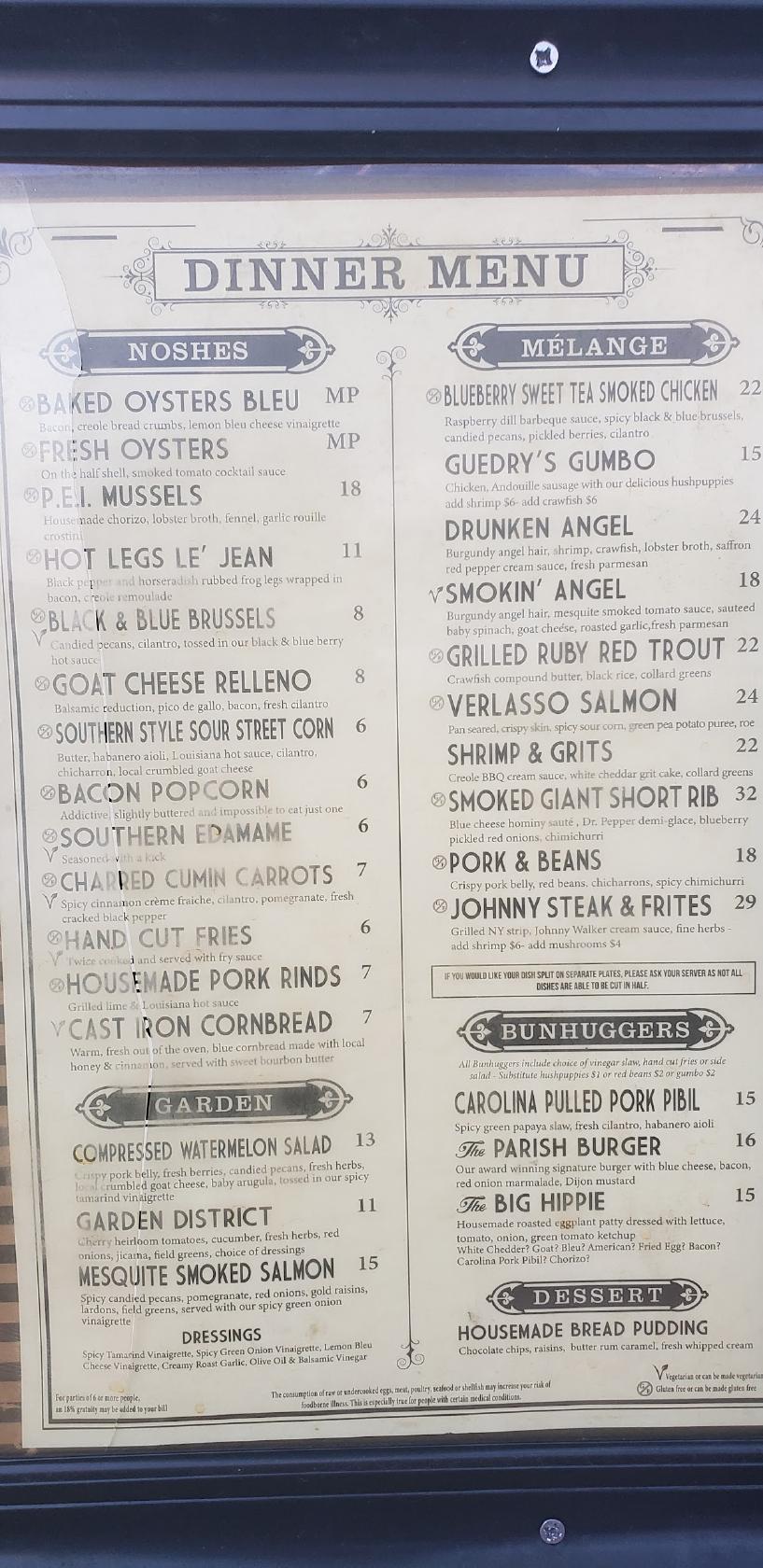 Menu at The Parish restaurant, Tucson