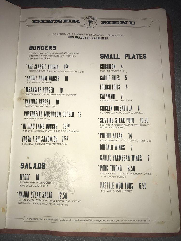 Menu at The Saddle Room pub & bar, Waimea, Kaumualii Hwy