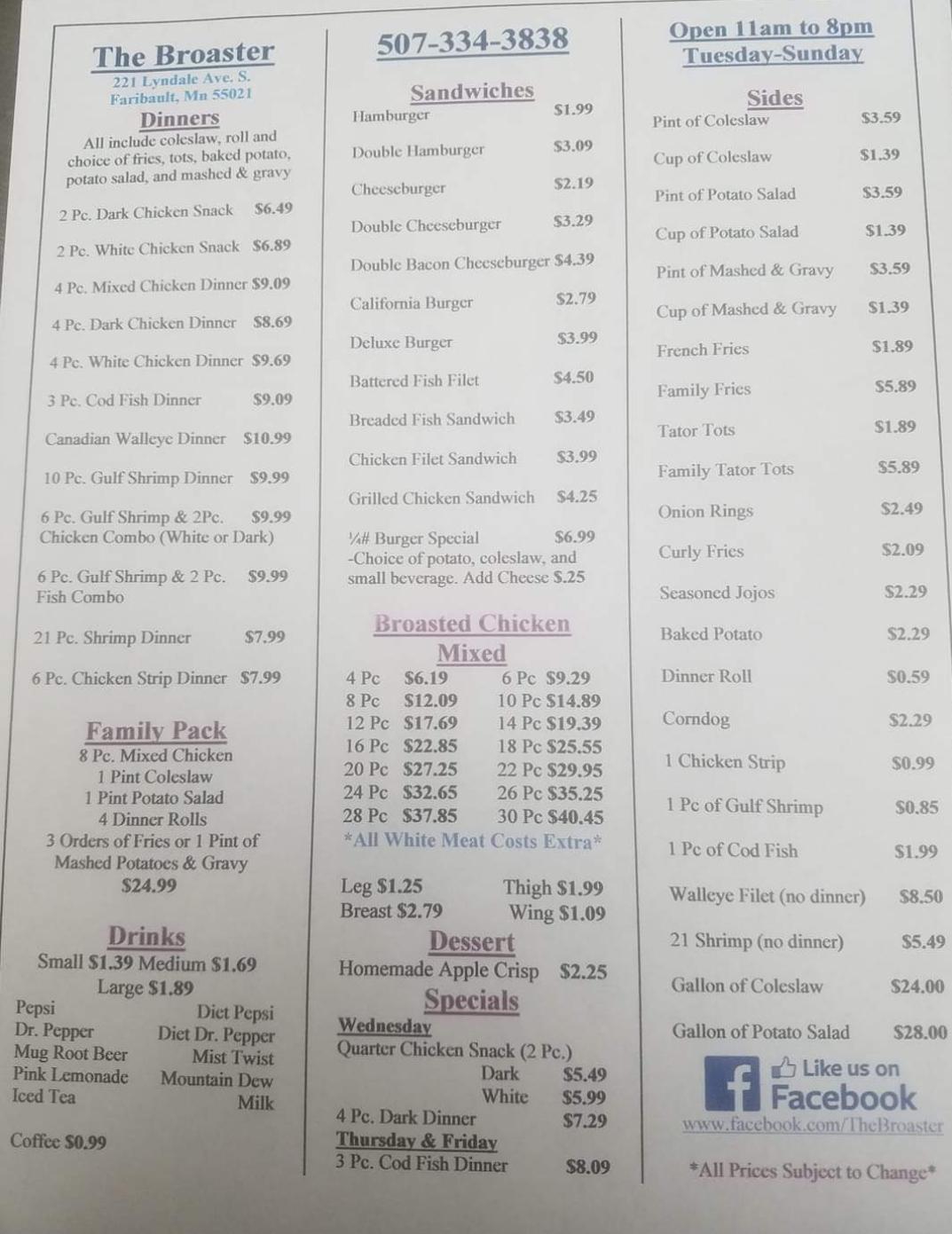 Menu at The Broaster restaurant, Faribault