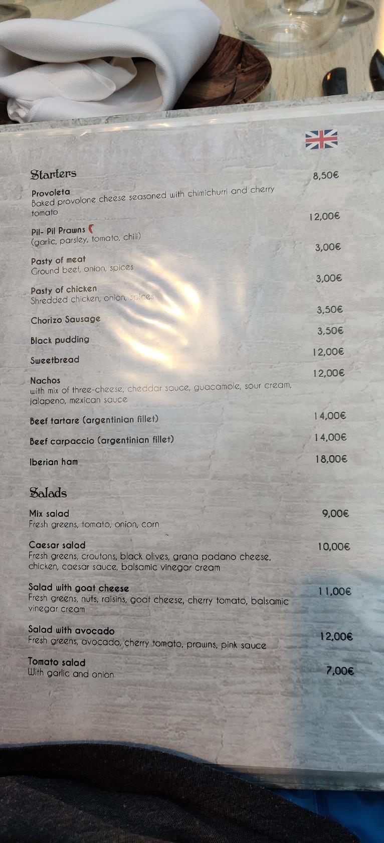 Menu at Buenos Aires Steak House steakhouse, Marbella