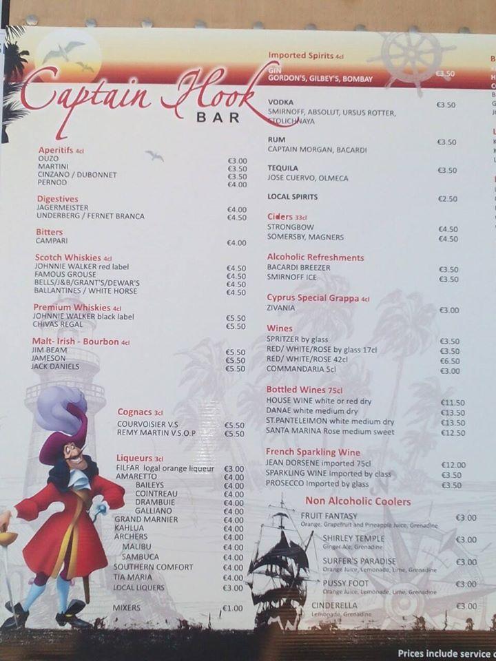 Menu at Captain Hook's, Paphos