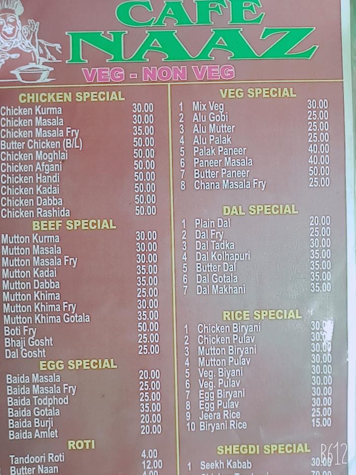 Menu at Cafe Naaz Restaurant, Mumbai, SG Barve Marg