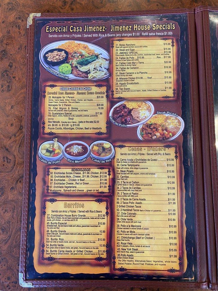 Menu at Casa Jimenez restaurant, Whittier, Whittier Blvd