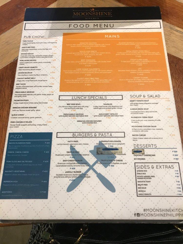 Menu at Moonshine pub & bar, Pasig