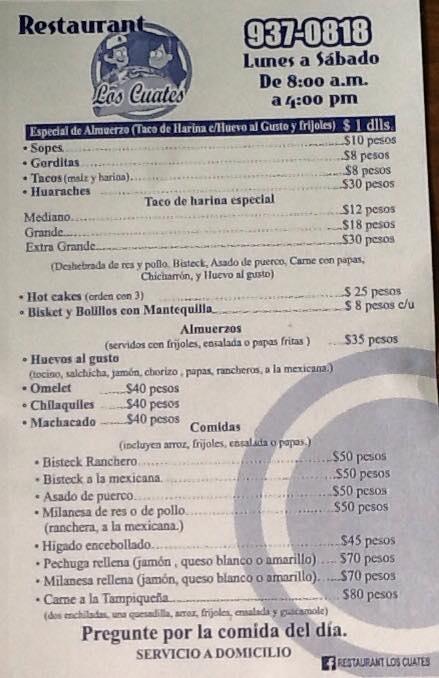 Menu at Restaurant Los Cuates, Nuevo Progreso