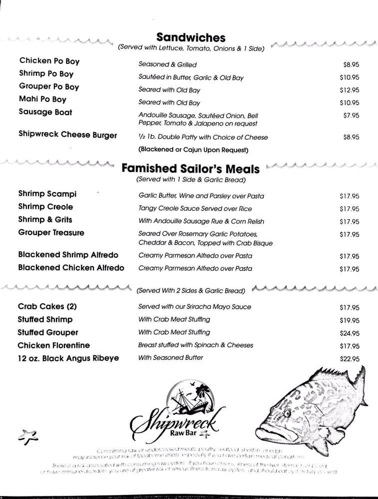 Menu at Shipwreck Raw Bar, Mexico Beach