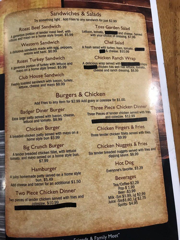 Menu at Badger Diner restaurant, Badger