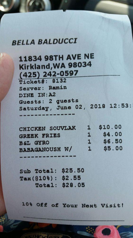 Menu at Bella Balducci's Mediterranean Cuisine restaurant, Kirkland
