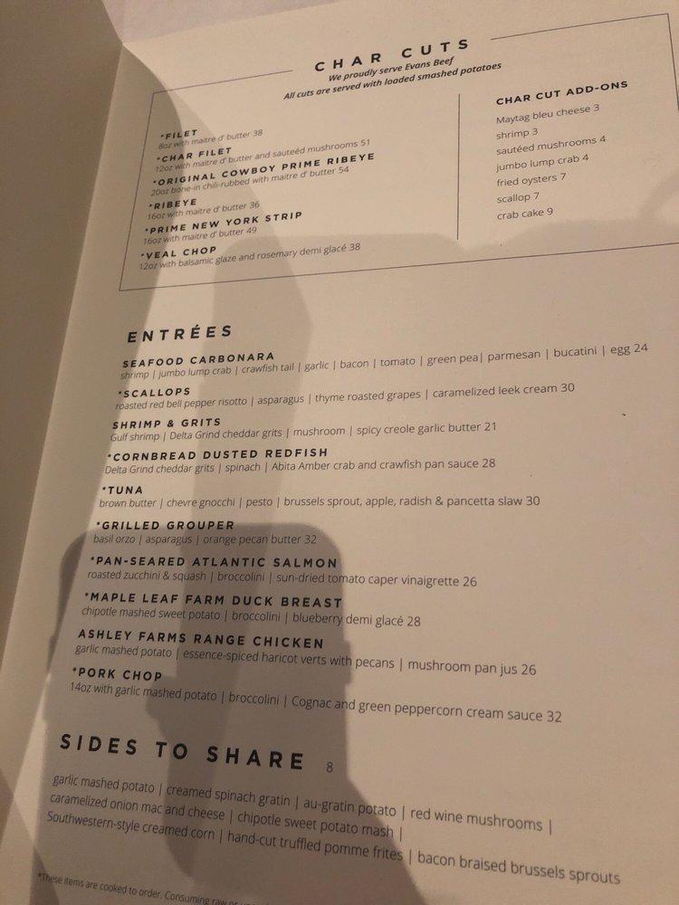 Menu at Char Restaurant, Memphis