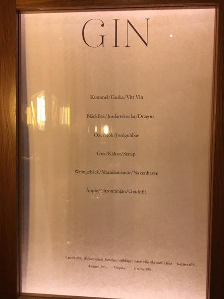 Menu at GIN restaurant, Norrköping