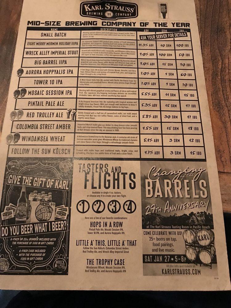 Menu at Karl Strauss Brewing Company pub & bar, Temecula