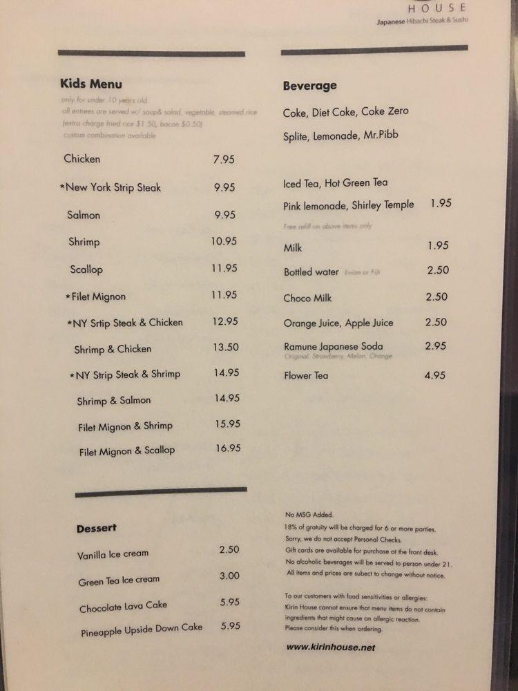 Menu at Kirin House Japanese Steak House & Sushi Bar, Lawrenceville