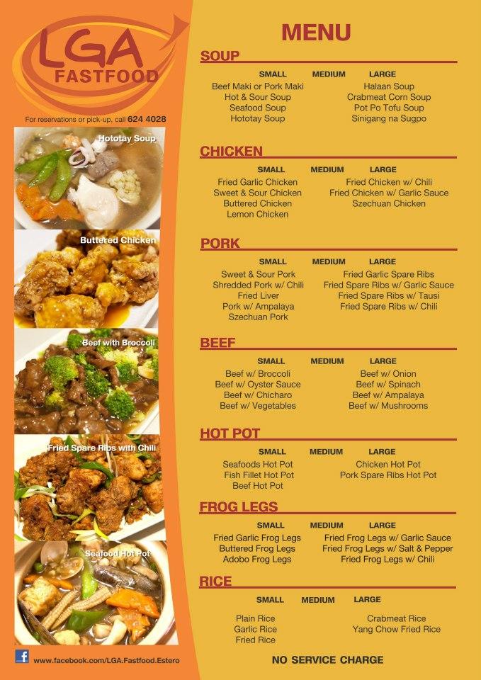 Menu at LGA Fastfood restaurant, Manila
