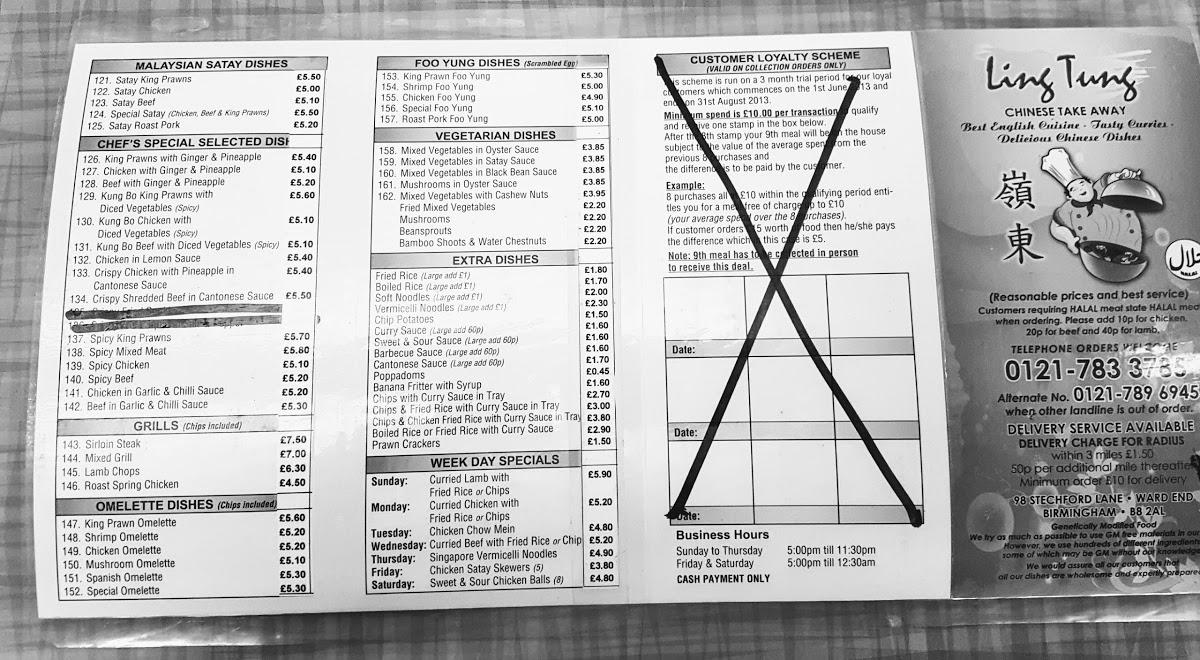 Menu at Ling Tung fast food, Birmingham