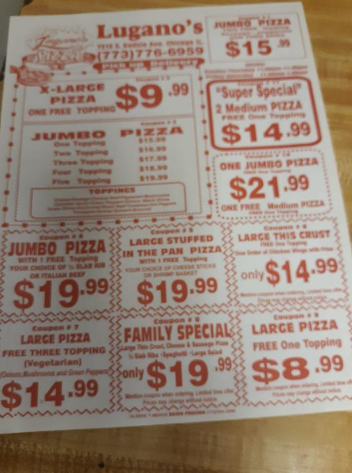 Menu at Lugano's Pizza pizzeria, Chicago, 7315 S Kedzie Ave