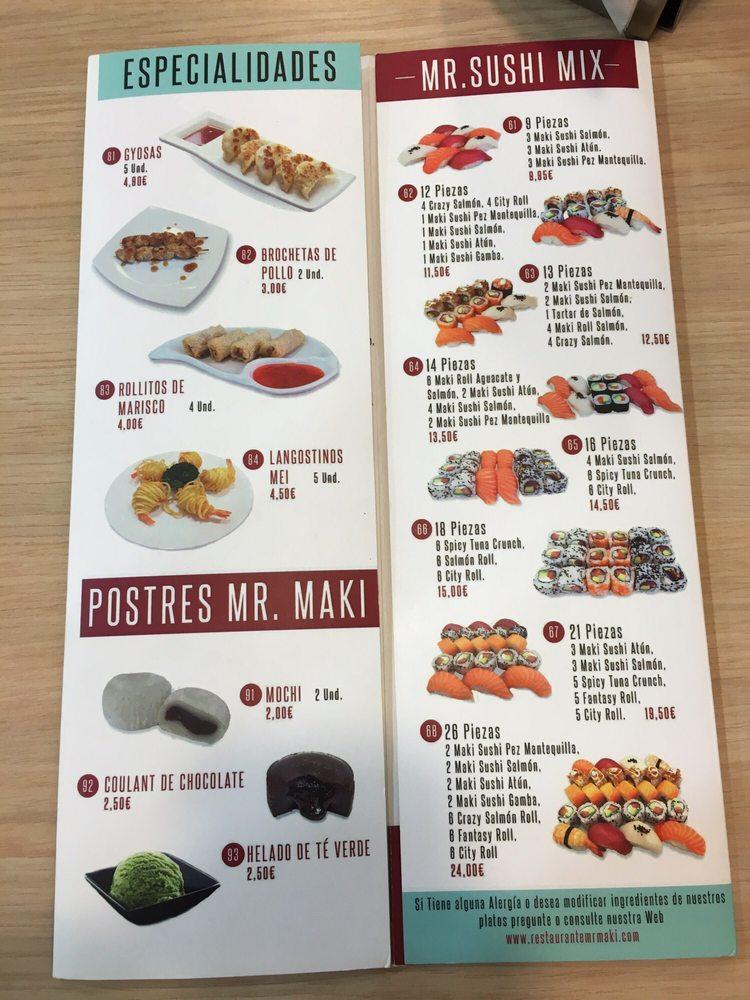Menu at Mr. Maki restaurant, Valencia, Carrer de Cavanilles