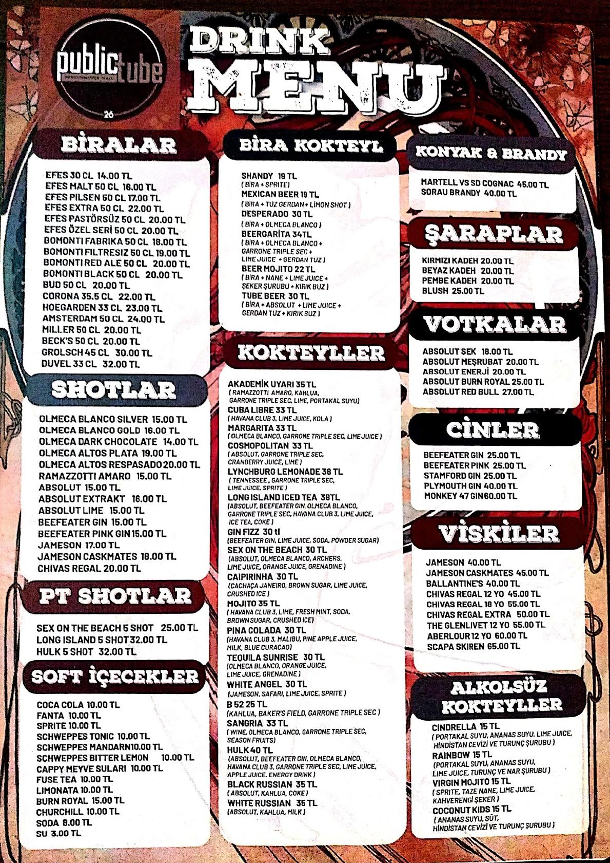 Menu at Public Tube Bar, Eskişehir