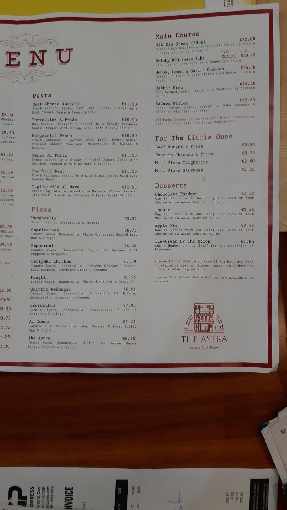 Menu at The Astra (Restaurant), Victoria