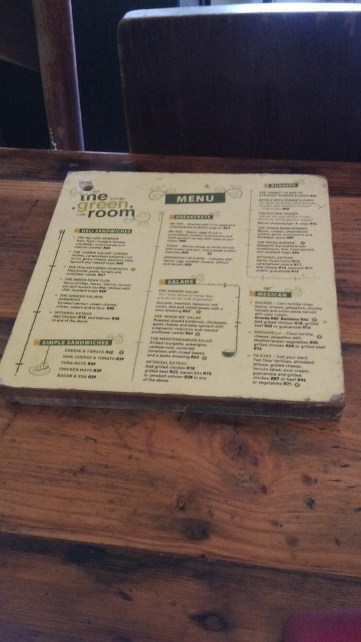 Menu at The Green Room restaurant, Cape Town