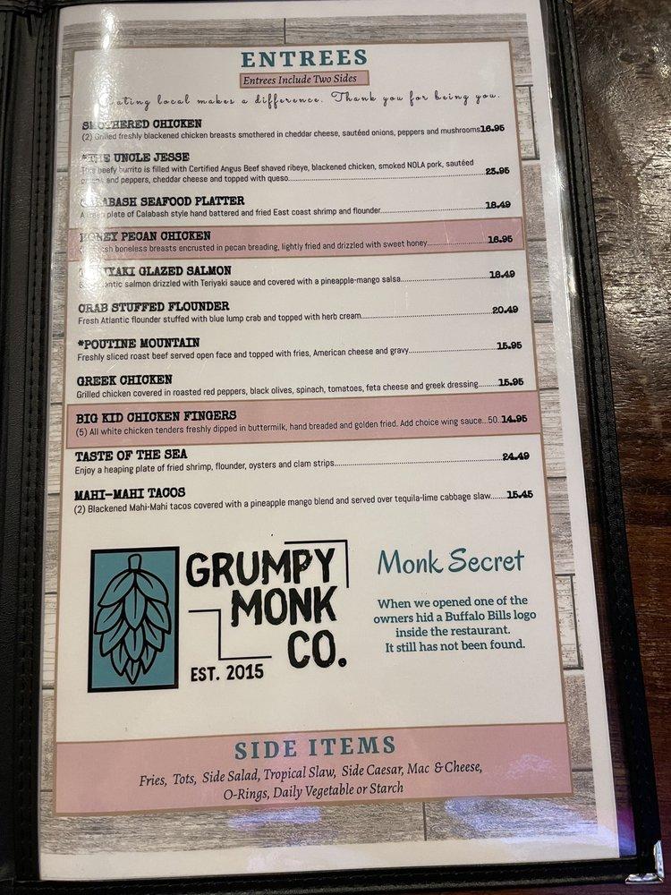 Menu at The Grumpy Monk North Myrtle Beach restaurant, North Myrtle Beach