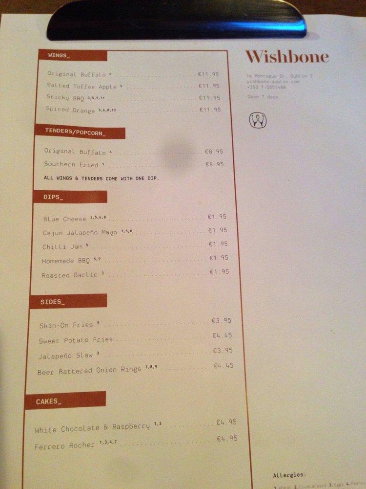 Menu at Wishbone Montague Street restaurant, Dublin