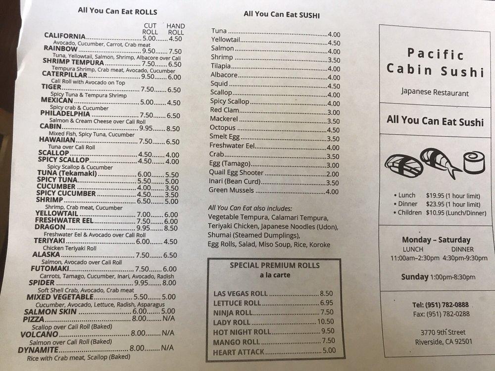 Menu at Pacific Cabin Sushi restaurant, Riverside