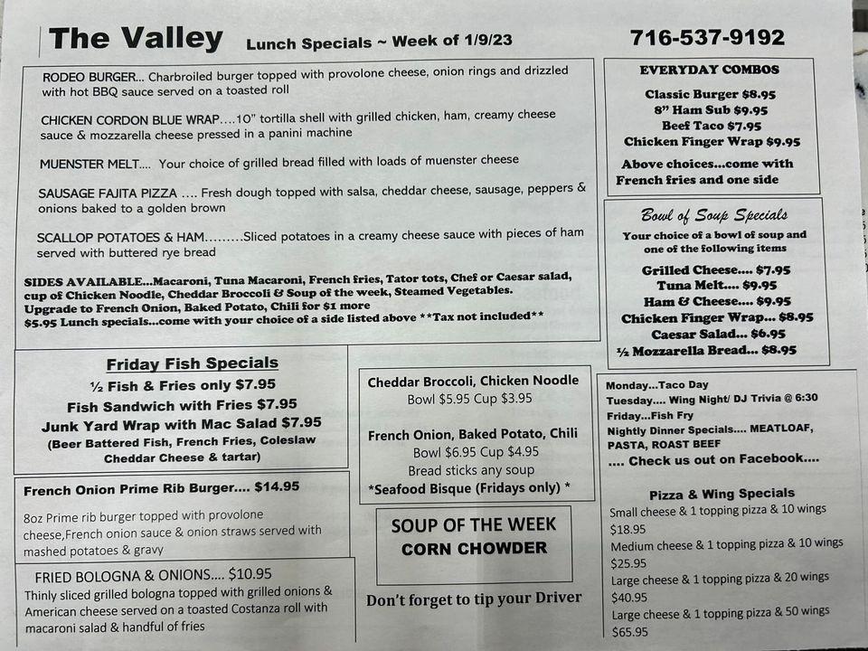 Menu at Valley Inn pub & bar, Holland