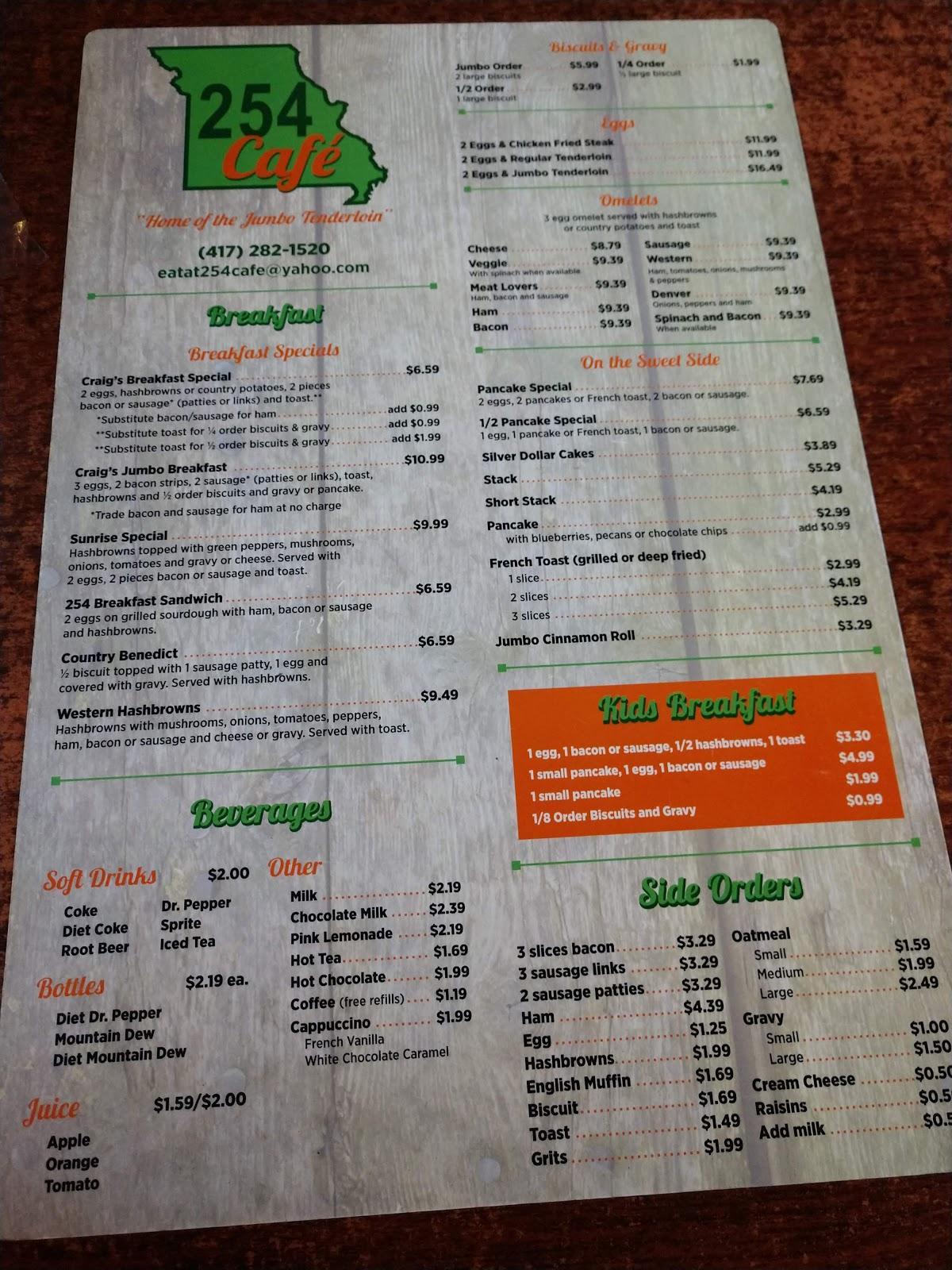 Menu at 254 Cafe, Galmey, MO-254