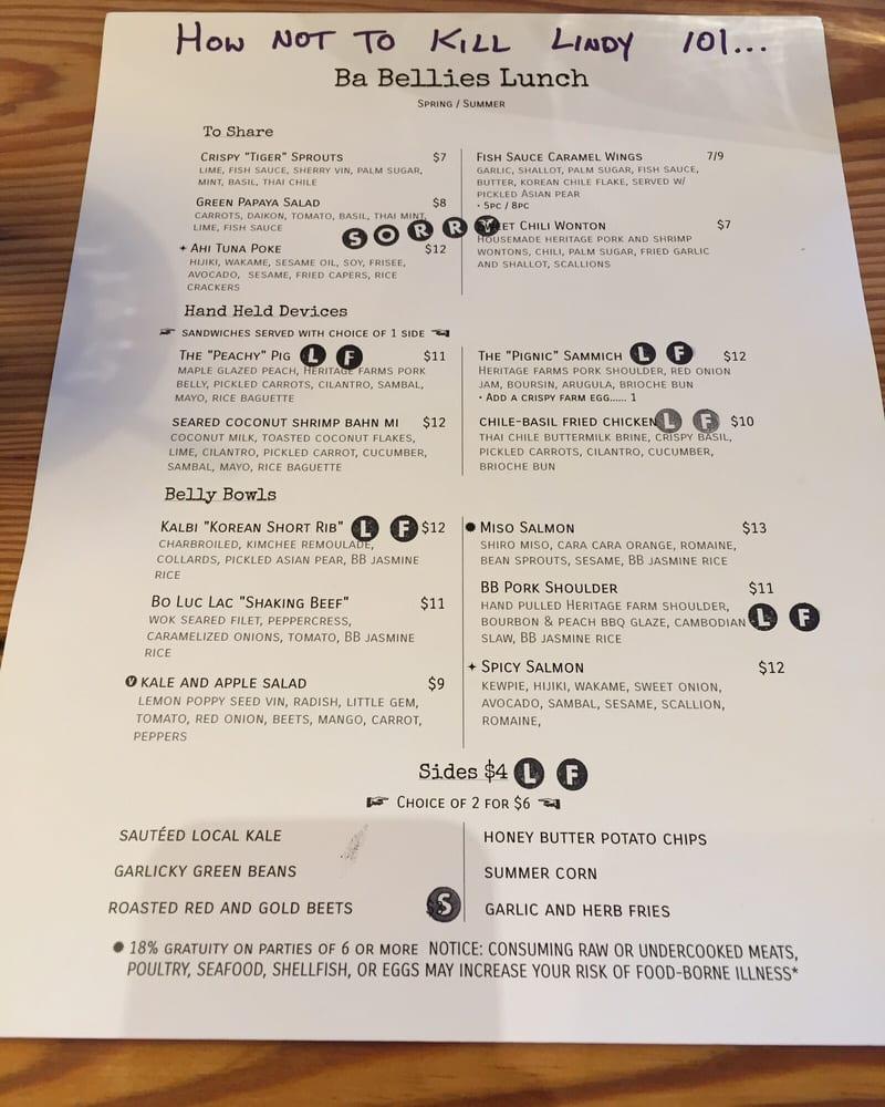 Menu at Ba Bellies pub & bar, Peachtree Corners