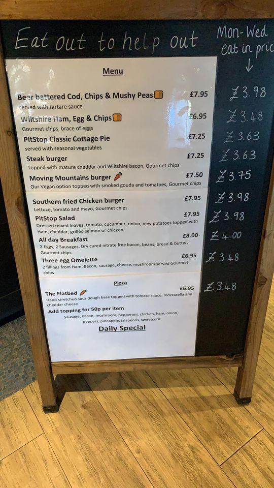 Menu at Chippenham Pit Stop cafe, Chippenham