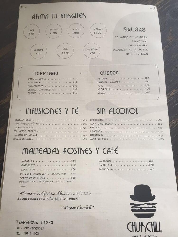 Menu at Churchill pub & bar, Guadalajara, Terranova 1073