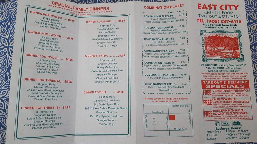 Carta del restaurante East City Chinese Food Take Out, Hamilton