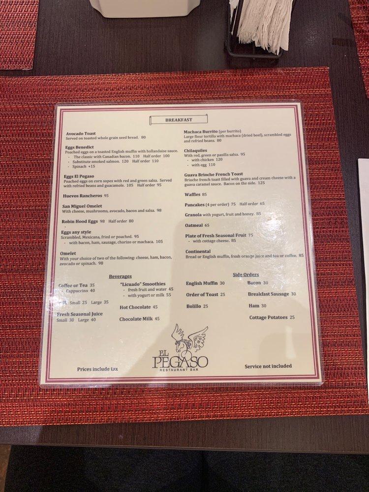 Menu at El Pegaso restaurant, San Miguel de Allende, Corregidora 6