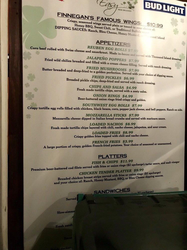 Menu at Finnegan's Easy pub & bar, New Orleans