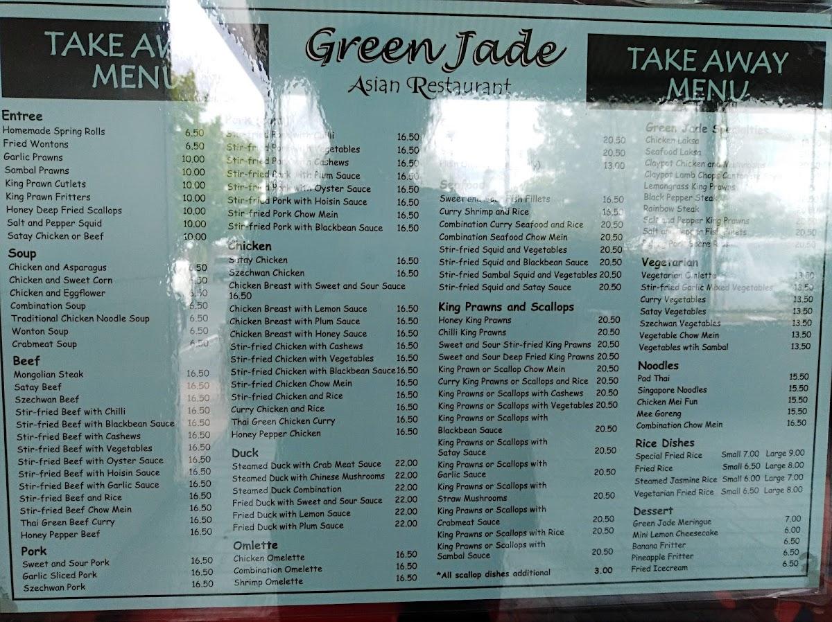 Menu at Green Jade restaurant, Bunbury