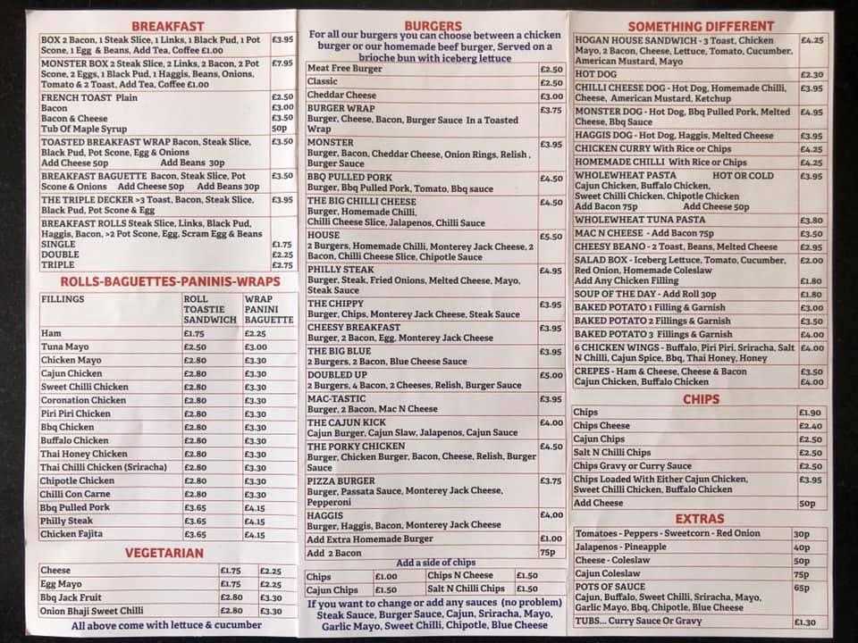 Menu at Hogan's Sandwich And Burger Bar, Kilmarnock