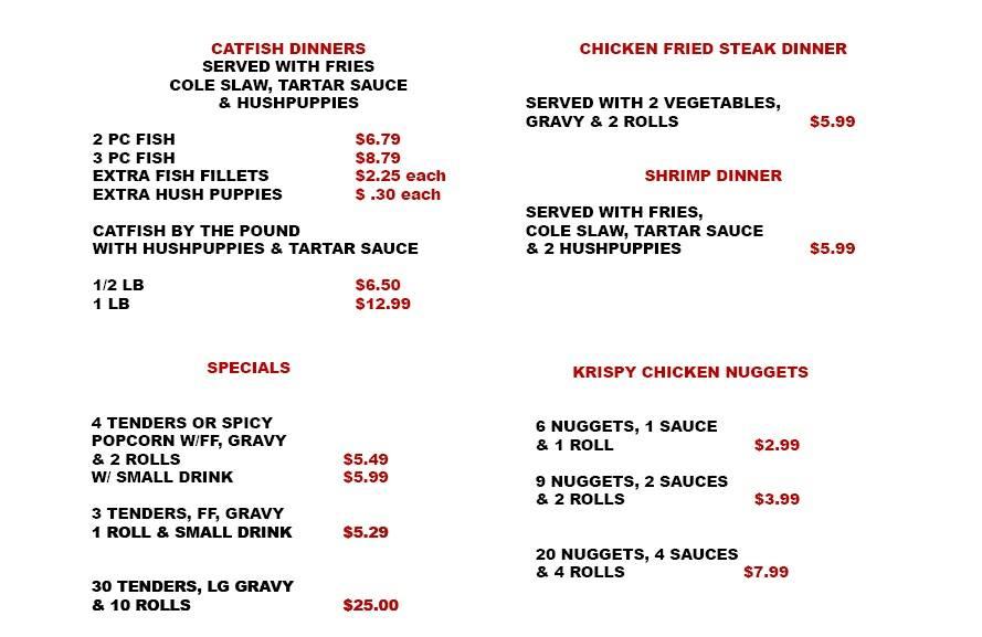 Menu at Jim's Krispy Fried Chicken restaurant, Mexia