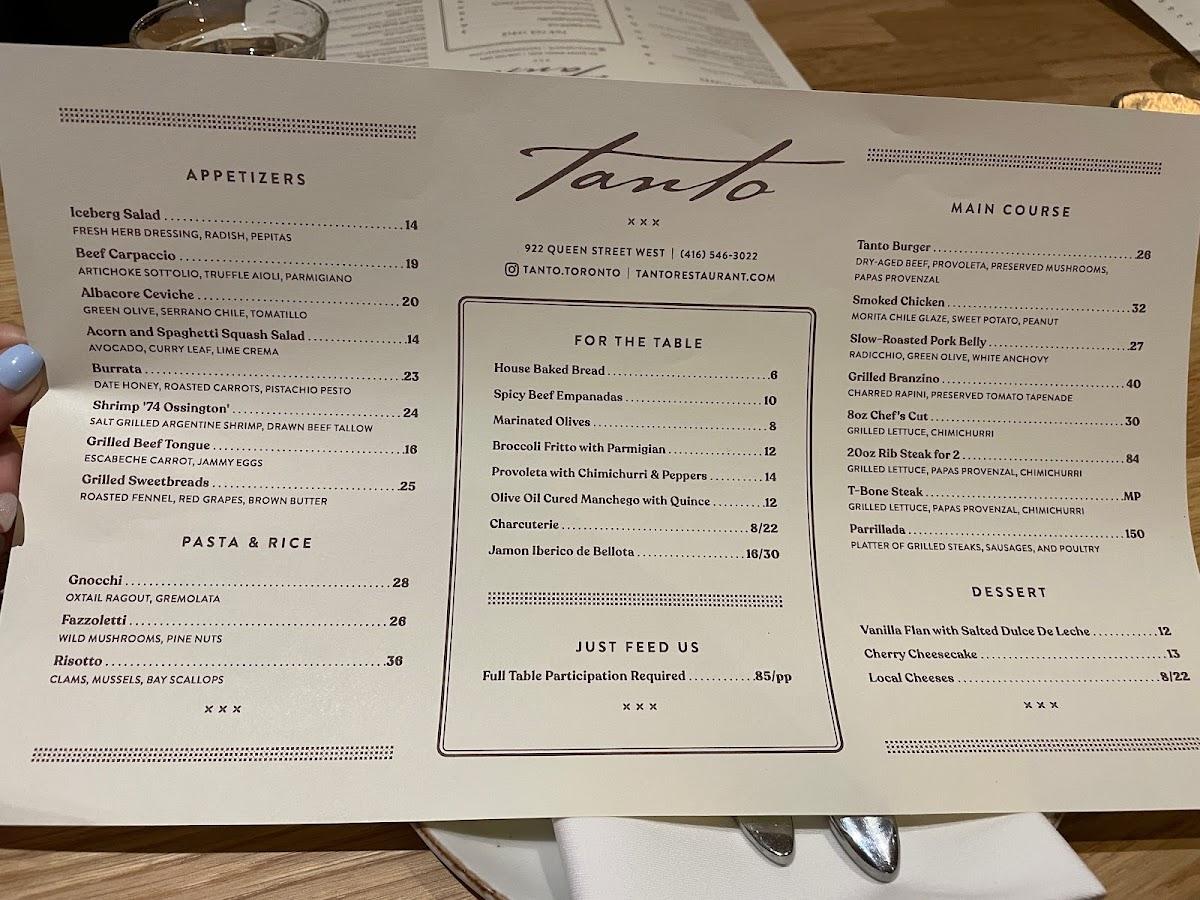 Menu at Tanto steakhouse, Toronto, 922 Queen St W