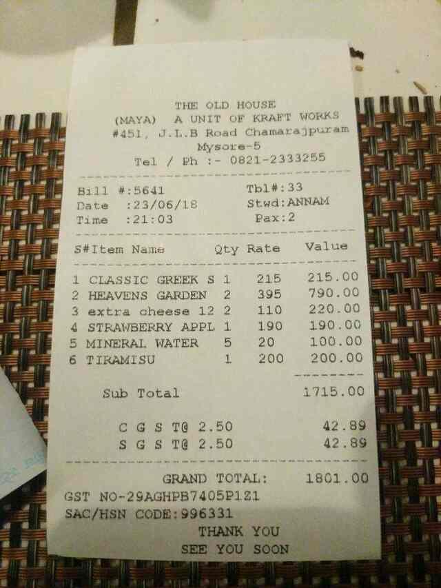 Menu at The Old House, Mysuru, 451