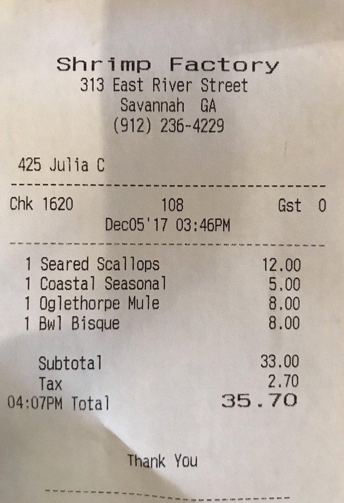 Menu at The Shrimp Factory restaurant, Savannah